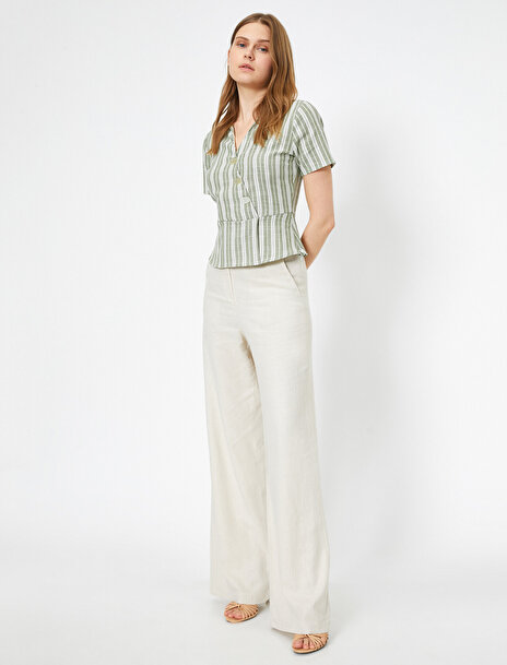 Koton Kadın Yüksek Bel Geniş Paça Keten Karışımlı Dokuma Pantolon