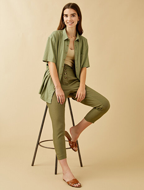 Koton Kadın Yüksek Bel Düğme Detaylı Keten Karışımlı Pantolon