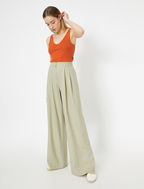 Koton Kadın Yüksek Bel Geniş Paça Keten Karışımlı Pantolon