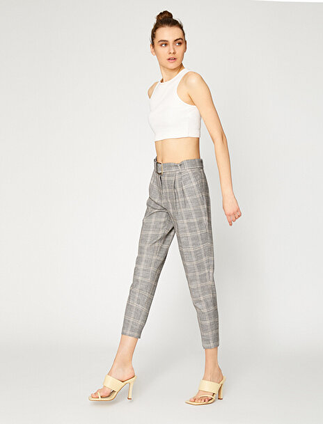 Koton Kadın Kemer Detaylı Ekoseli Pantolon