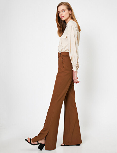 Koton Kadın Kemer Detaylı Geniş Paça Yırtmaç Detaylı Pantolon