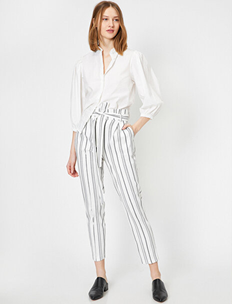 Koton Kadın Yüksek Bel Bağlama Detaylı Çizgili Havuç Pantolon