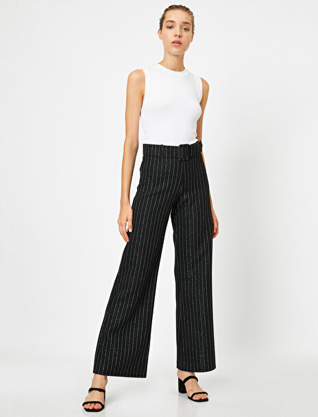 Koton Kadın Simli Çizgili Kemer Detaylı Pantalon