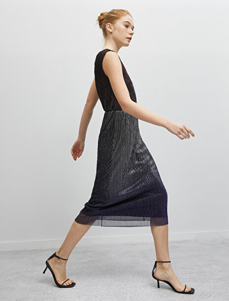 Koton Kadın Pileli  Elbise Abiye Kolsuz  Metalik