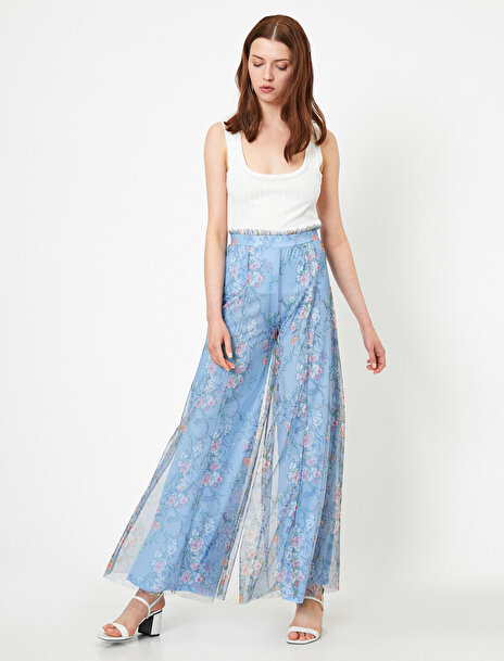 Koton Kadın Çiçek Baskılı Tül Fırfır Detaylı Bel Lastikli Geniş Uzun Paça Pantolon