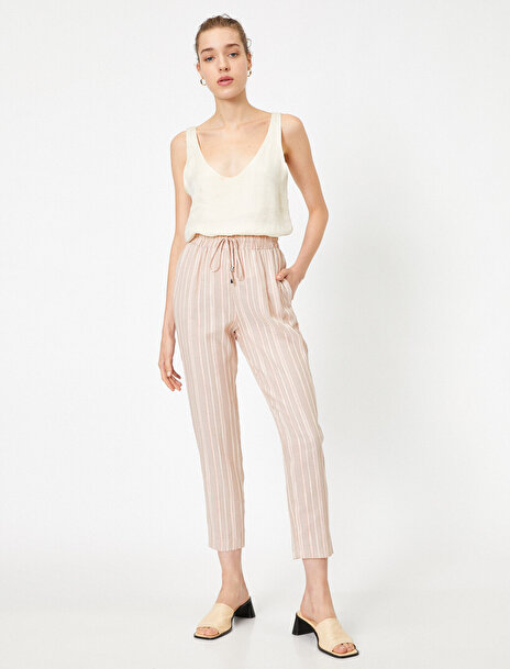Koton Kadın Normal Bel Beli Bağlamalı Cep Detaylı Çizgili Pantolon