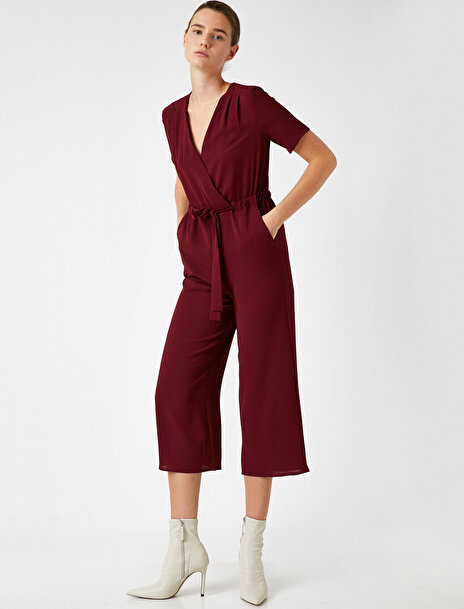 Koton Kadın Kısa Kollu V Yaka Kemerli Tulum