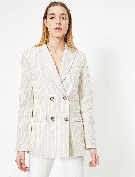 Koton Kadın Cep ve Düğme Detaylı Keten Karışımlı Ceket