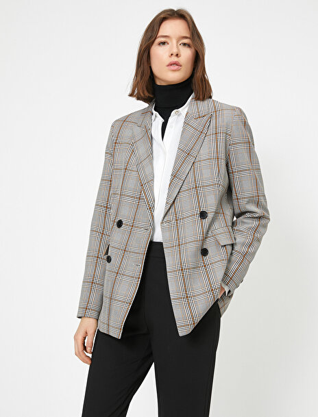 Koton Kadın Kareli Kruvaze Blazer Ceket