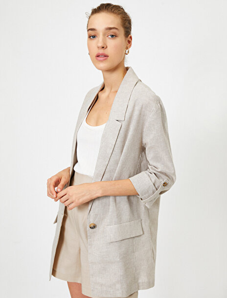 Koton Kadın Düğmeli Çizgi Detaylı Keten Blazer Ceket