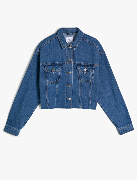 Koton Ole Genç Kız Yakasi Baskili Crop Jean Ceket