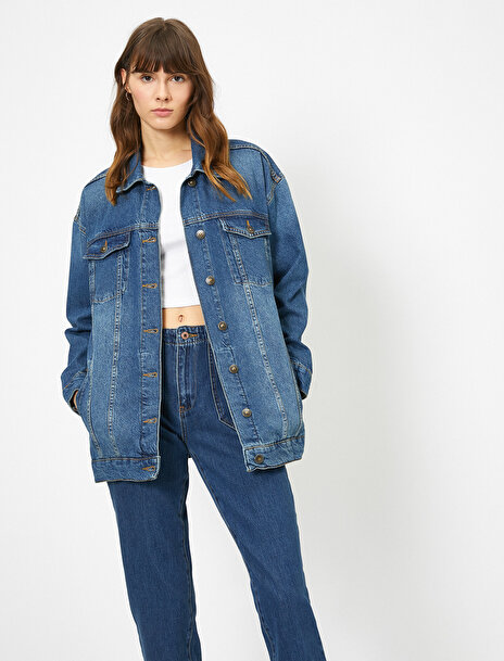 Koton Kadın Düğme Detaylı Jean Ceket Koton Kadın Düğme Detaylı Jean Ceket