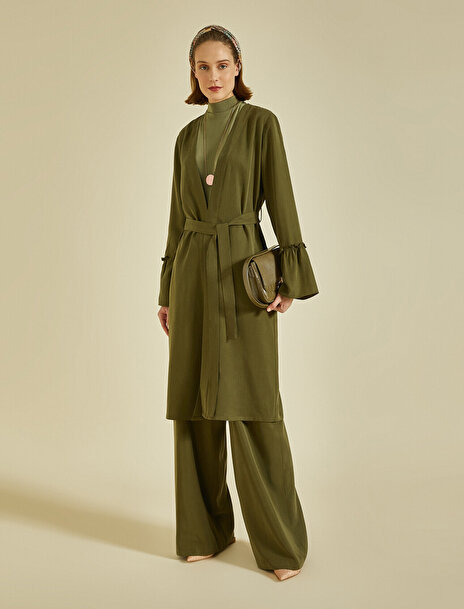 Koton Kadın V Yaka Kolları Volanlı Uzun Kollu Beli Bağlamalı Kimono