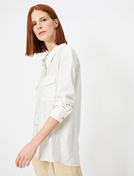 Koton Kadın Cep Detaylı Simli Çizgili Viskon Gömlek