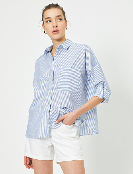 Koton Kadın Gömlek Yaka Tek Cep Uzun Kollu Çizgili Bluz