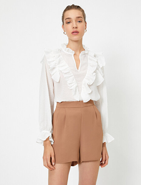 Koton Kadın Fırfırlı Yaka Detaylı Uzun Kollu Bluz