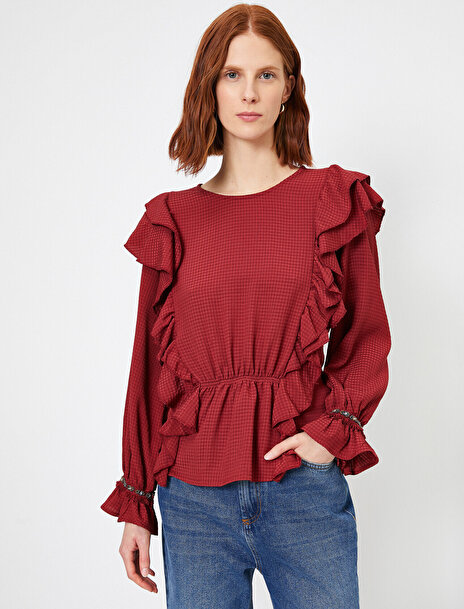 Koton Kadın Kendinden Desenli Fırfır Detayl El Emeği Bluz