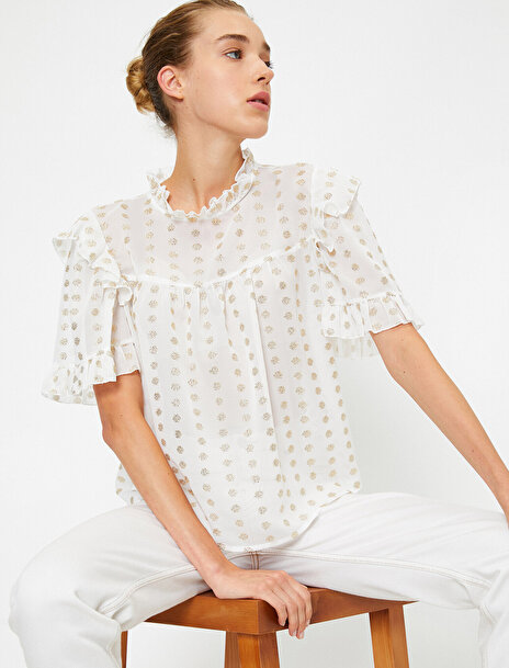 Koton Kadın Bisiklet Yaka Volanlı Kısa Kollu Bluz