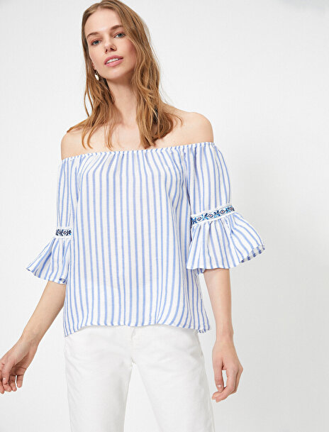 Koton Kadın Omuzları Açık El Emeği Çizgili Bluz