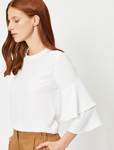 Koton Kadın Dik Yaka Volanlı Uzun Kollu Bluz