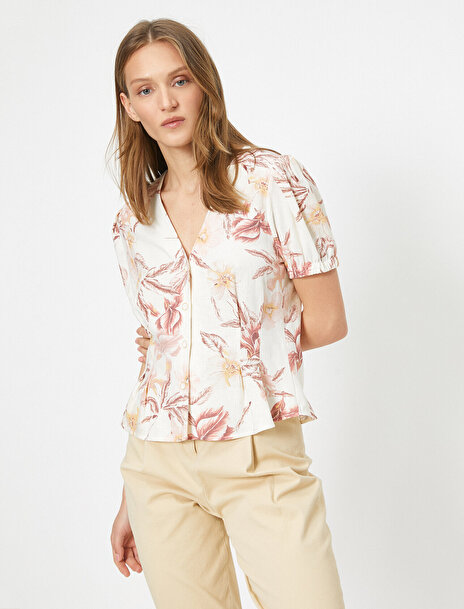 Koton Kadın Çiçek Desenli V Yaka Keten Gömlek