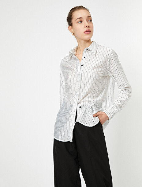 Koton Kadın Klasik Yaka Uzun Kollu Çizgili Gömlek