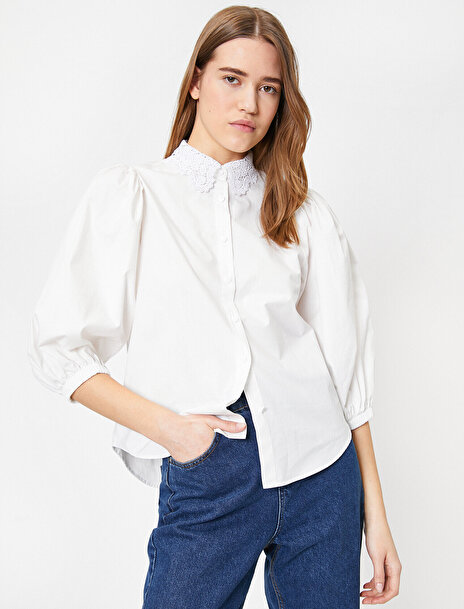 Koton Kadın Balon Kollu Dantel Yaka Detaylı Gömlek
