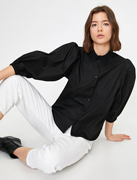 Koton Kadın Balon Kollu Dantel Yaka Detaylı Gömlek
