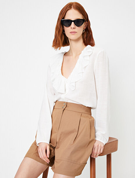 Koton Kadın Keten Volan Detaylı  Uzun Kollu Gömlek