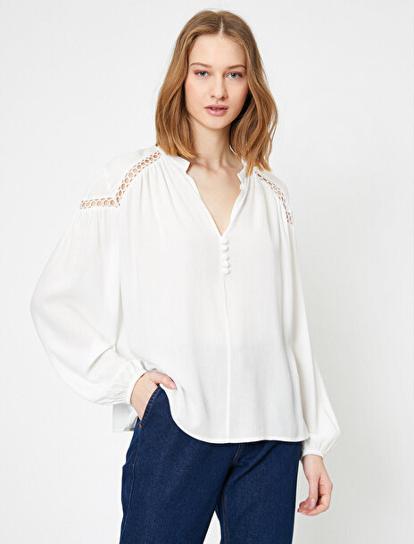 Koton Kadın Dantel Detaylı Uzun Kollu Bluz