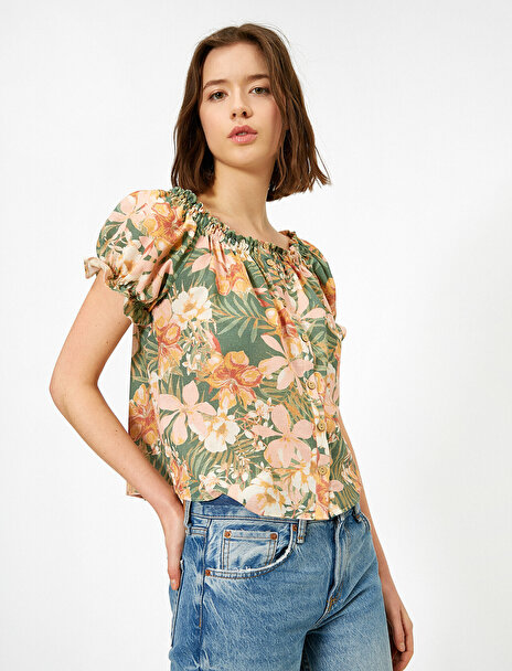 Koton Kadın Keten Desenli Düşük Omuz Bluz