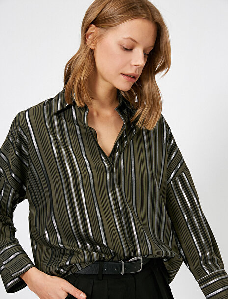 Koton Kadın Uzun Kollu Parlak Çizgili Bluz