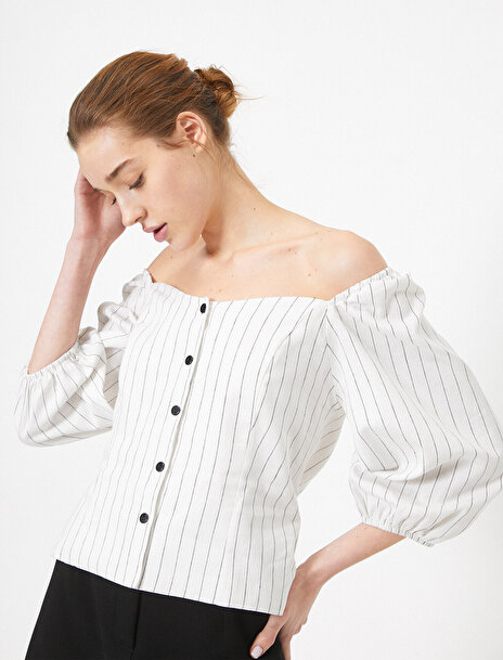 Koton Kadın Omzu Açık Kısa Kollu Çizgili Gömlek