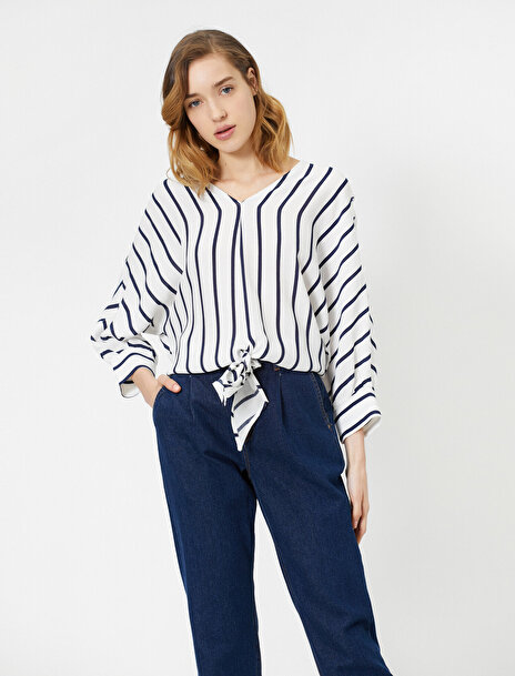 Koton Kadın V Yaka Uzun Kollu Beli Bağlamalı Çizgili Bluz