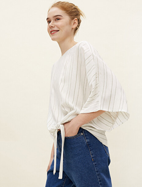 Koton Kadın Çizgili Bağlamalı Kısa Kollu Bluz