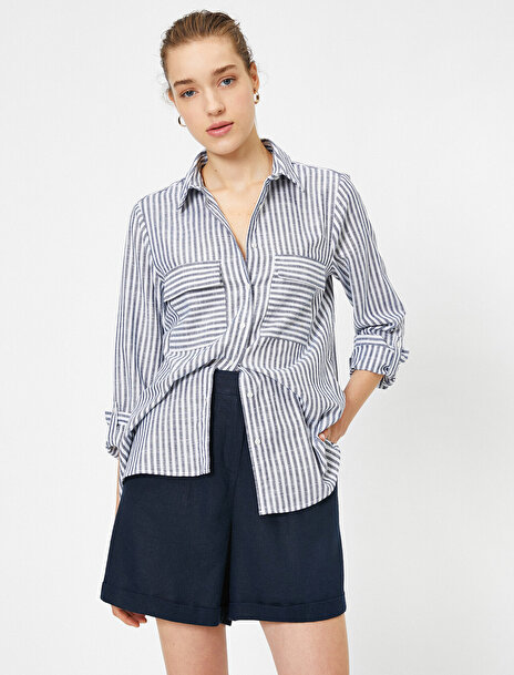 Koton Kadın Klasik Yaka Uzun Kollu Çift Cep Çizgili Gömlek