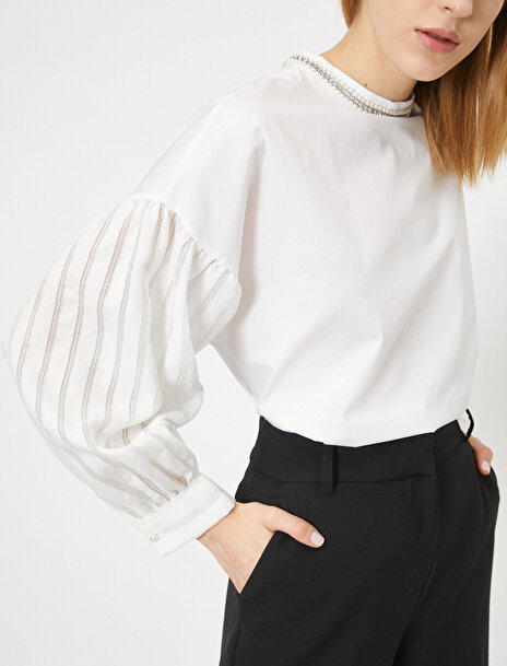 Koton Kadın Balon Kollu Dik Yaka Pamuklu Bluz