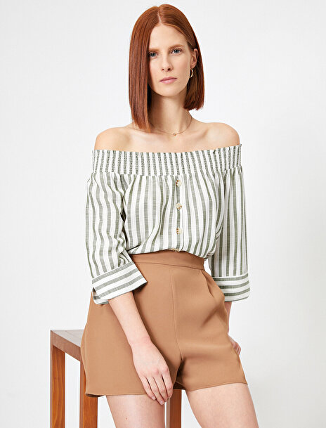 Koton Kadın Kısa Kollu Düşük Omuzlu Çizgili Bluz