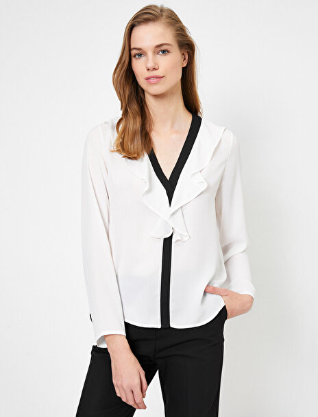 Koton Kadın Kontrast Biyeli Volanlı Bluz