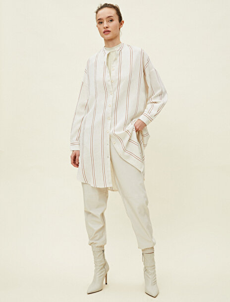 Koton Kadın Klasik Yaka Uzun Kollu Çizgili Tunik