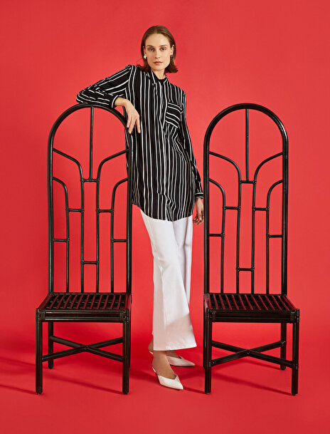 Koton Kadın Klasik Yaka Uzun Kollu Çizgili Tunik