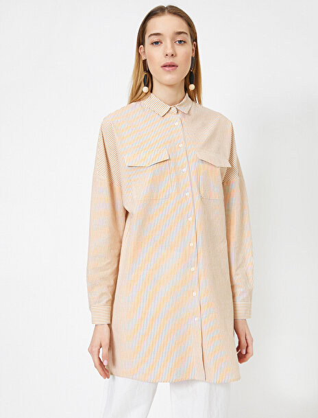 Koton Kadın Klasik Yaka Uzun Kollu Çizgili Tunik