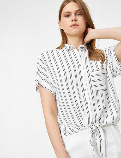 Koton Kadın Klasik Yaka Tek Cepli Çizgili Gömlek