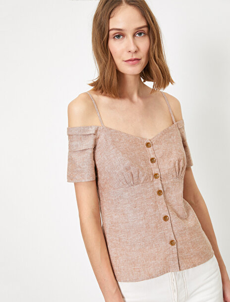 Koton Kadın Uzun Kollu Düşük Omuzlu Keten Bluz