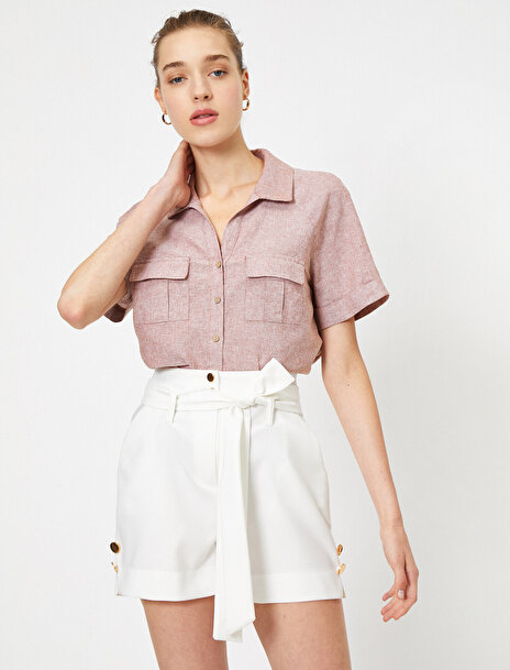 Koton Kadın Klasik Yaka Kısa Kollu Cep Detaylı Gömlek