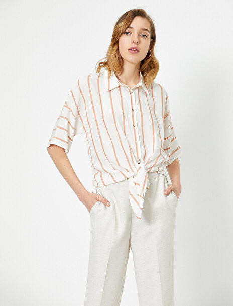 Koton Kadın Klasik Yaka Kısa Kollu Çizgili Gömlek