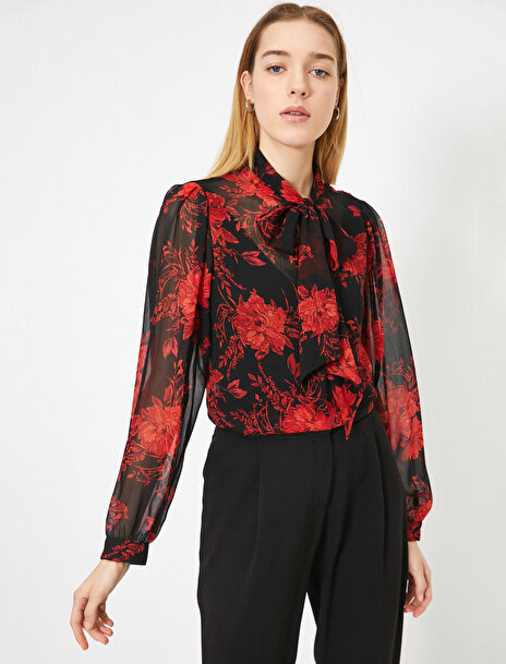 Koton Kadın Yakası Fular Detaylı Kolları Tül Uzun Kollu Bluz