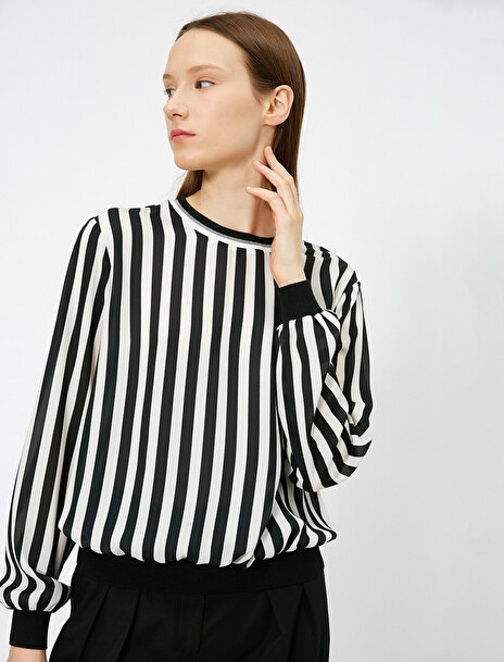 Koton Kadın Uzun Kollu Ribana Detaylı Çizgili Bluz