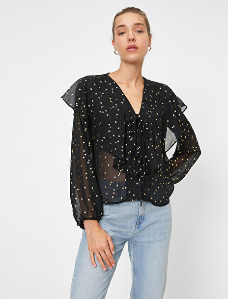 Koton Kadın Uzun Kollu Puantiyeli V Yaka Tül Bluz