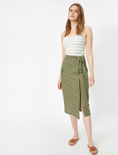 Koton Kadın Beli Bağlamalı Tek Cepli Yırtmaç Detaylı Midi Etek